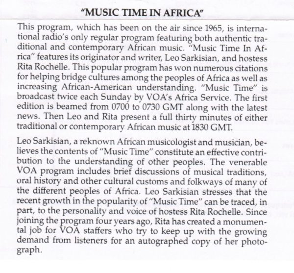 ‘Music Time in Africa’ on VOA in 1982 with Leo Sarkisian and Rita ...