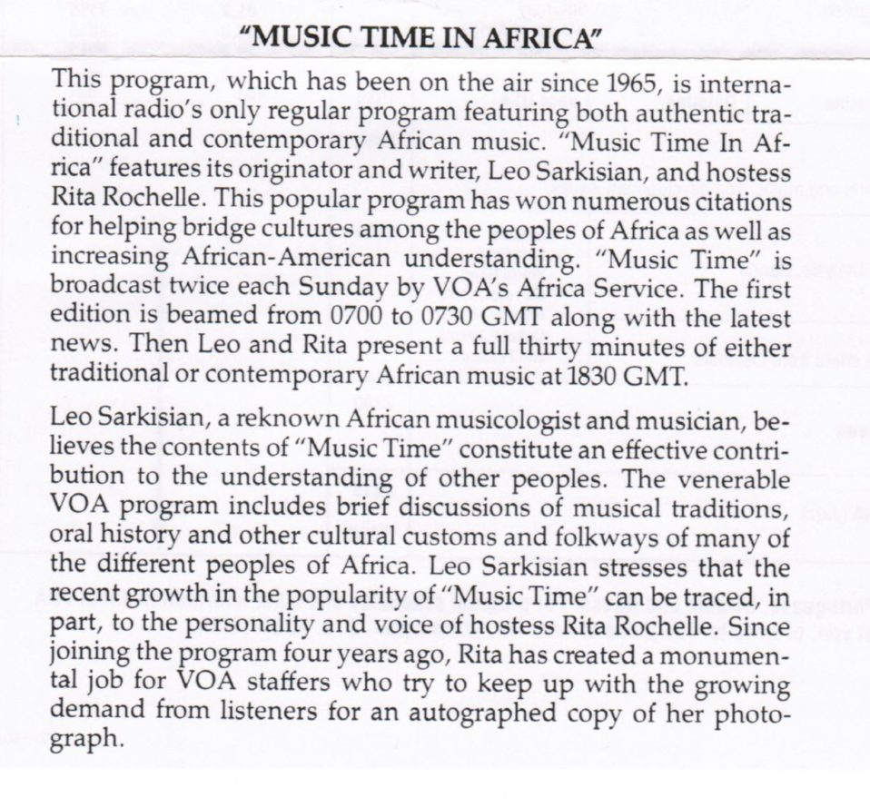 ‘Music Time in Africa’ on VOA in 1982 with Leo Sarkisian and Rita ...